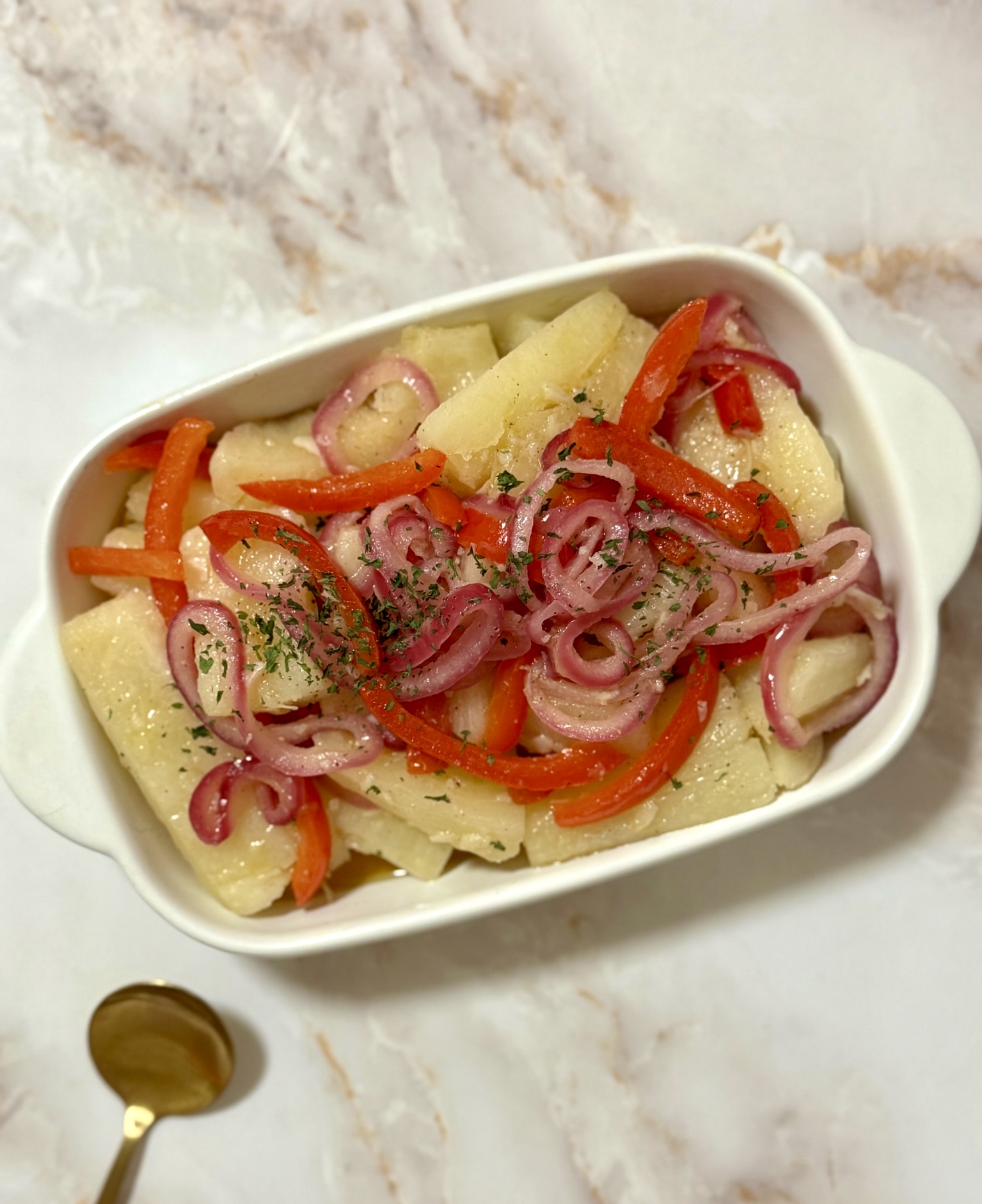 Yuca con Mojo (Cassava with Garlic Sauce) - Made with Sazón